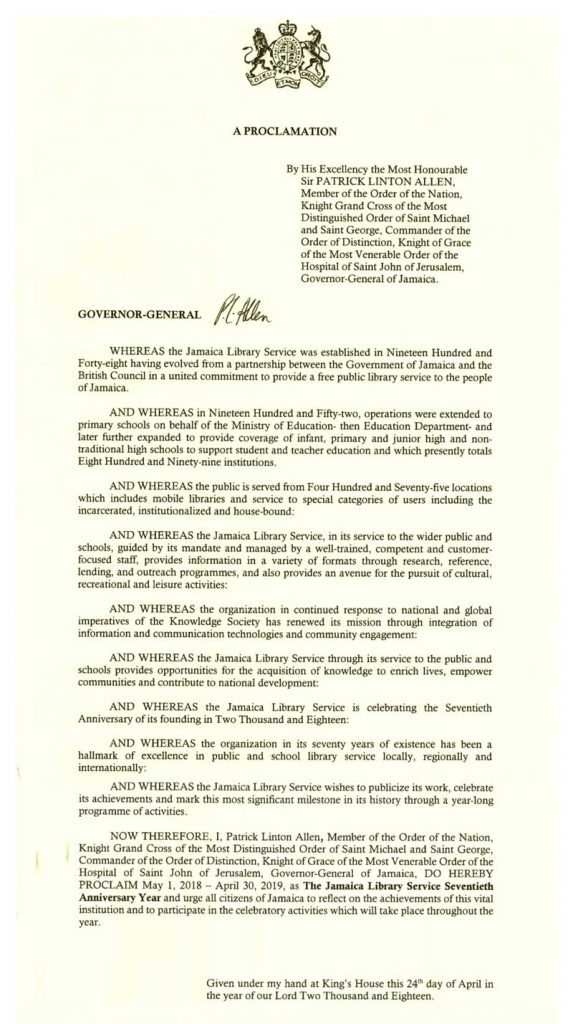 Governor General’s Proclamation - Jamaica Library Service